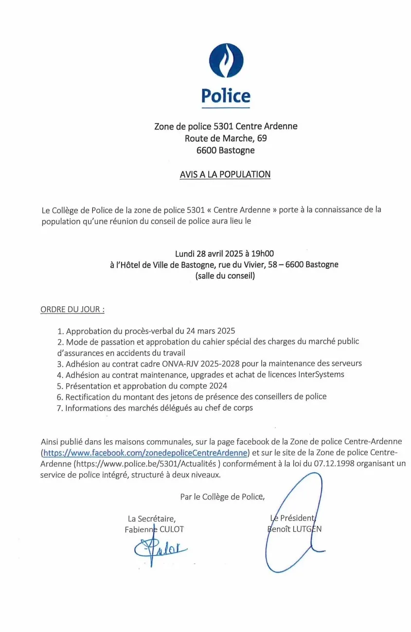 Conseil de police du 28 avril 2025 | Police Locale Centre Ardenne